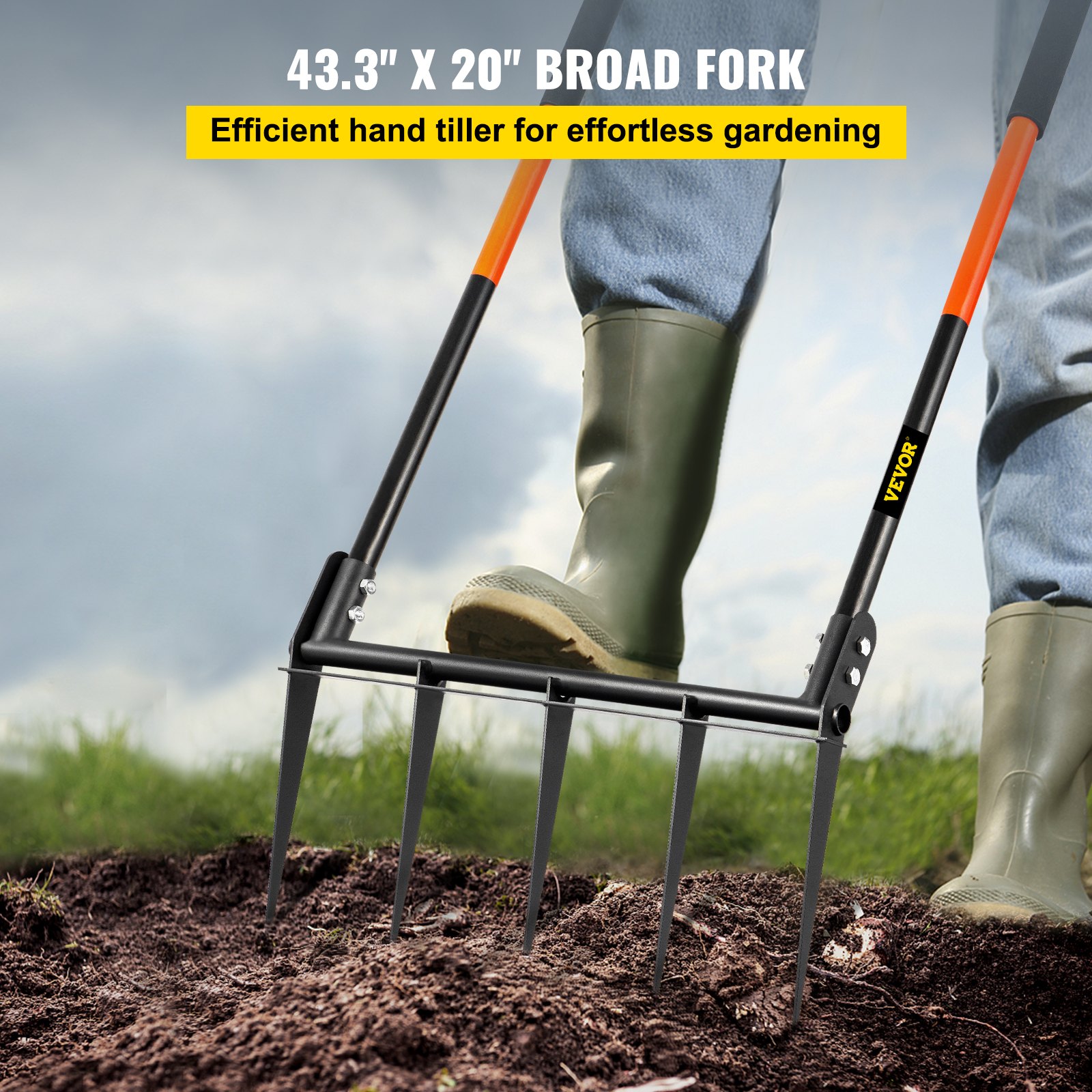 VEVOR Broad Fork Tool, 5 Tines 20 in Wide, Garden Tool with Fiberglass ...