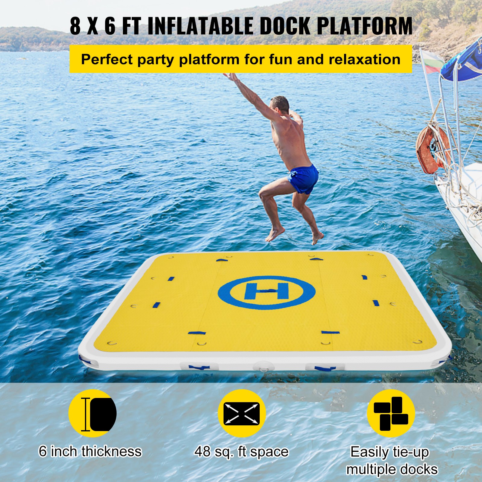 VEVOR Inflatable Dock Floating Platform, 8 x 6 ft, 3-4 Person Capacity ...
