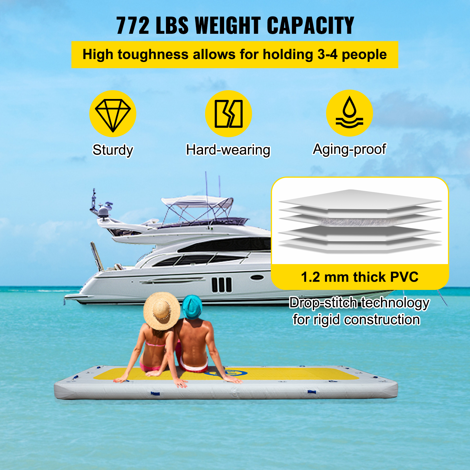 VEVOR Inflatable Dock Platform PVC Floating Dock 8 x 6 ft 3-4 Person w ...