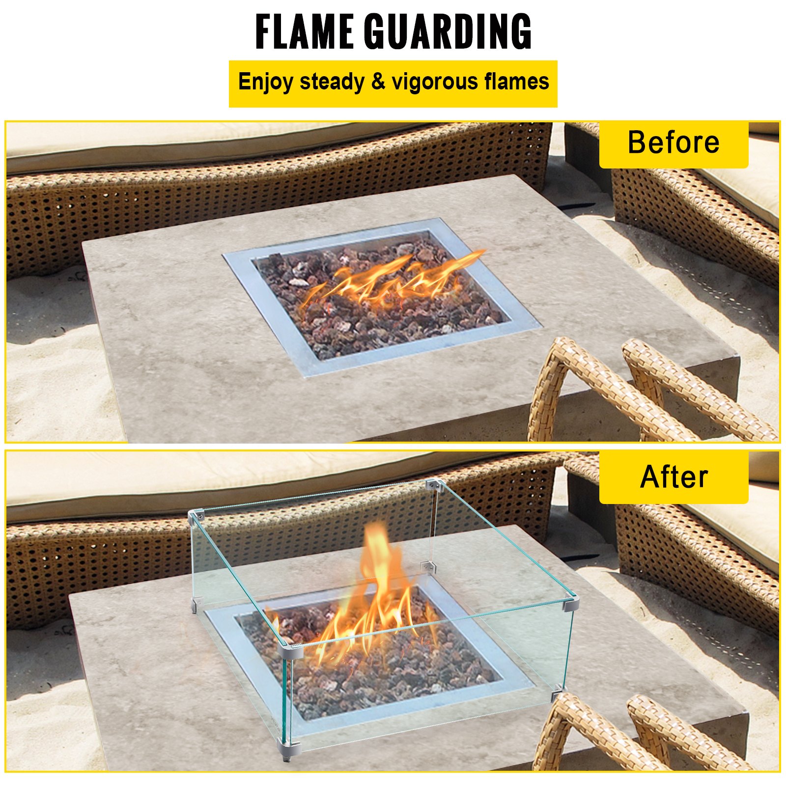 VEVOR Fire Pit Wind Guard, 14 x 14 x 6 Inch Glass Wind Guard, Rectangular Glass Shield, 0.3 ...