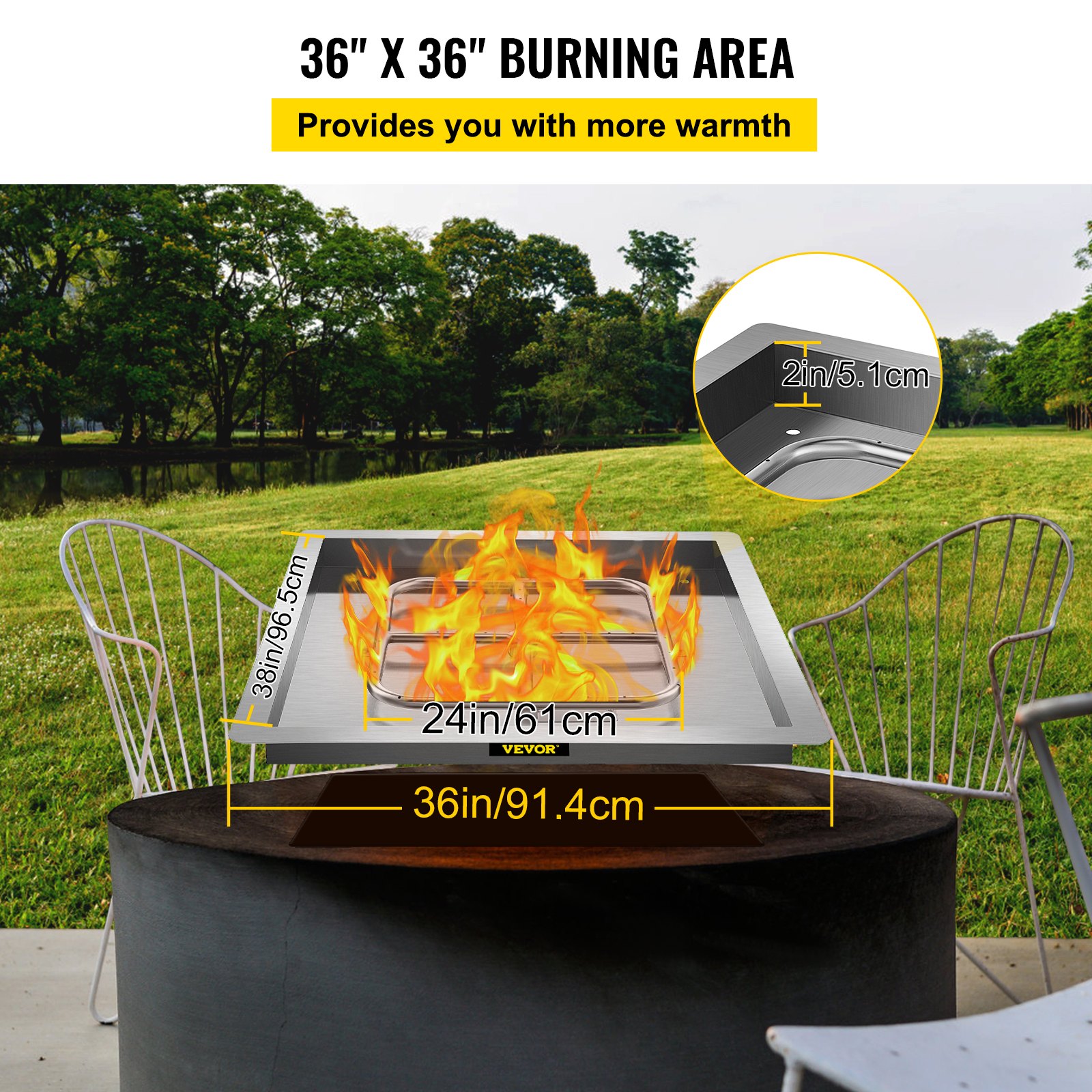 VEVOR Drop in Fire Pit Pan, 36" x 36" Square Fire Pit Burner, Stainless ...