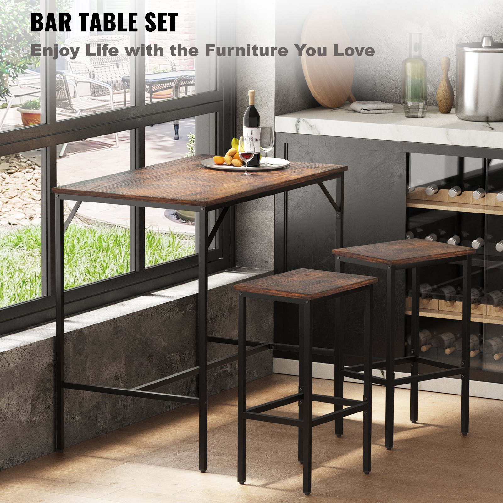 VEVOR Bar Table and Chairs Set 47" Pub Table Set with 2 Bar Stools ...