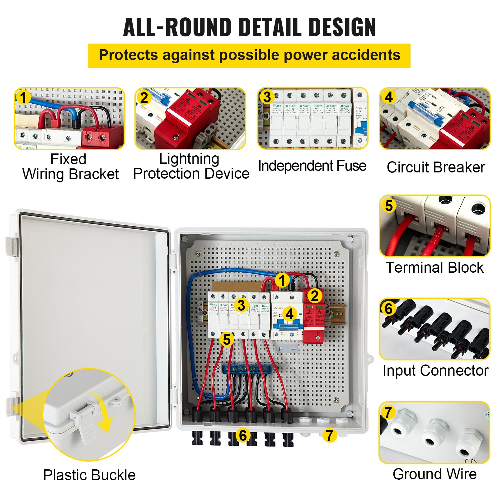 VEVOR PV Combiner Box, 6 String, Solar Combiner Box with 15A Rated ...
