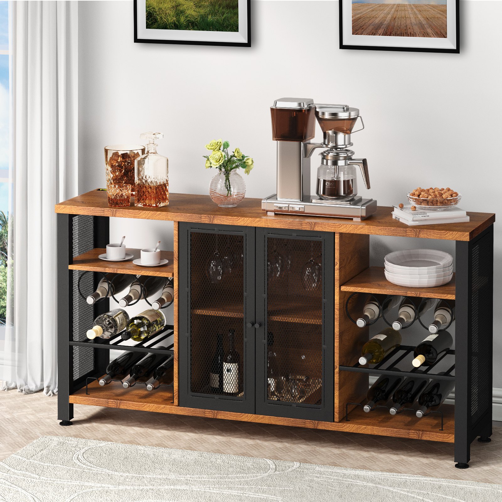VEVOR Industrial Bar Cabinet, Wine Table for Liquor with Glass Holder ...