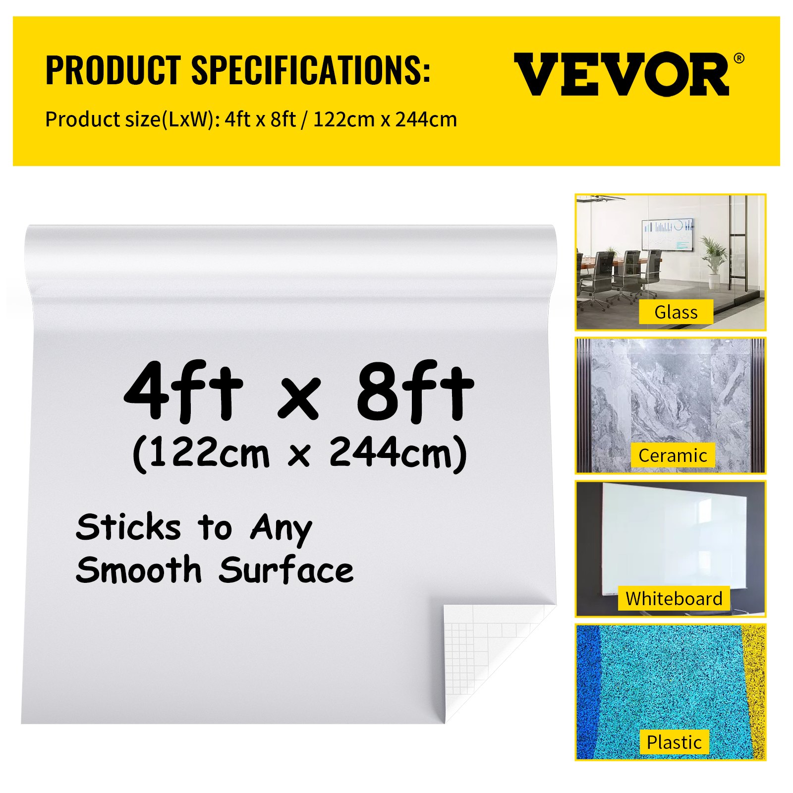 VEVOR White Board Paper, 8x4 ft Dry Erase Whiteboard Paper w/ Adhesive ...