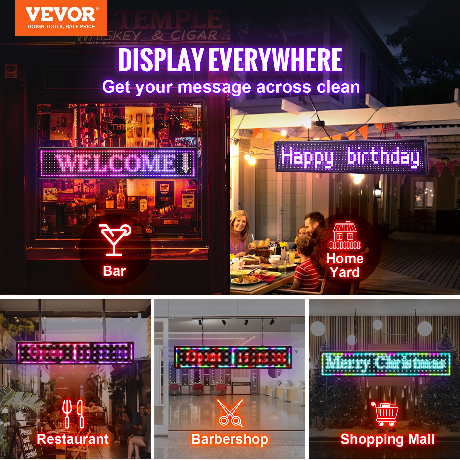 VEVOR Led Sign 40 x 8 inch Led Scrolling Message Display RGB 7-Color ...
