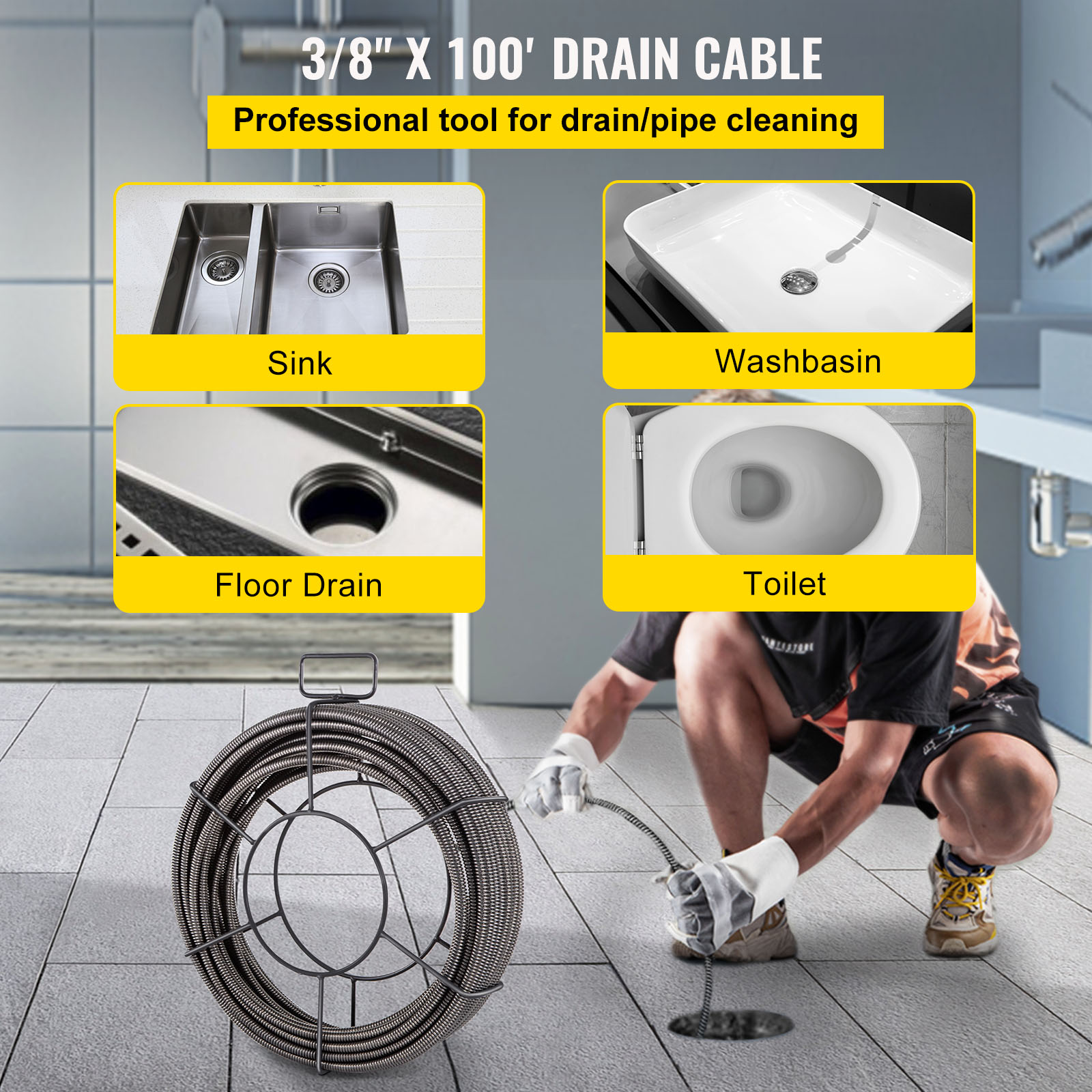 Vevor Drain Cable Sewer Cable 100' X 3/8'' Drain Cleaning Cable Auger ...