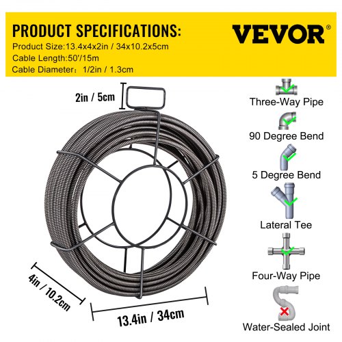 VEVOR Drain Cleaning Cable 50 Feet x 1/2 Inch Solid Core Cable Sewer ...