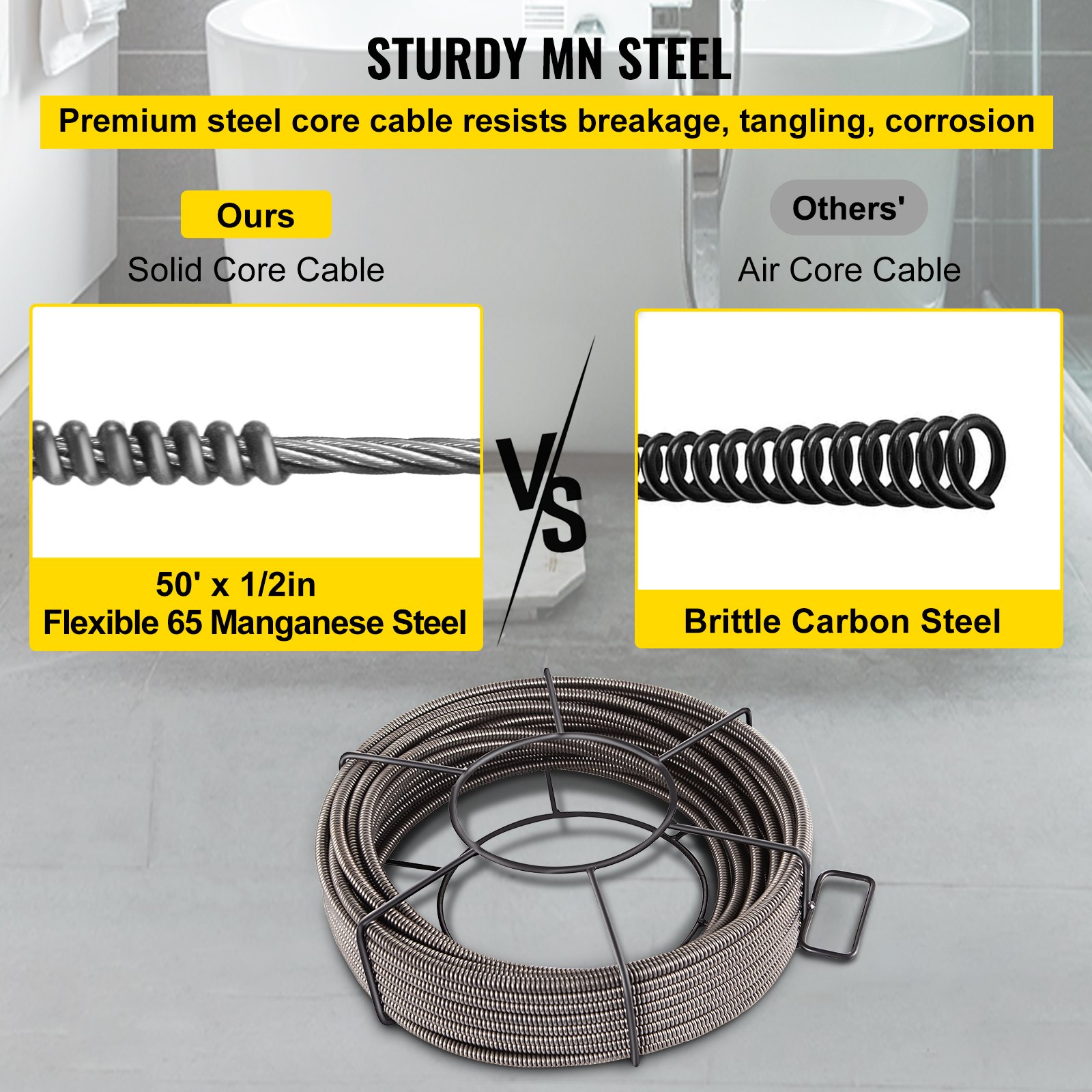 VEVOR Drain Cleaning Cable 50 Feet x 1/2 Inch Solid Core Cable Sewer ...