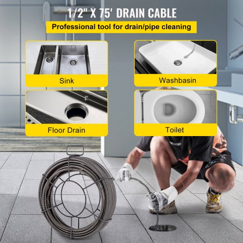 Vevor 1/2 In. X 75 Ft Auger Cable Replacement Cleaner Snake Pipe Sewer ...