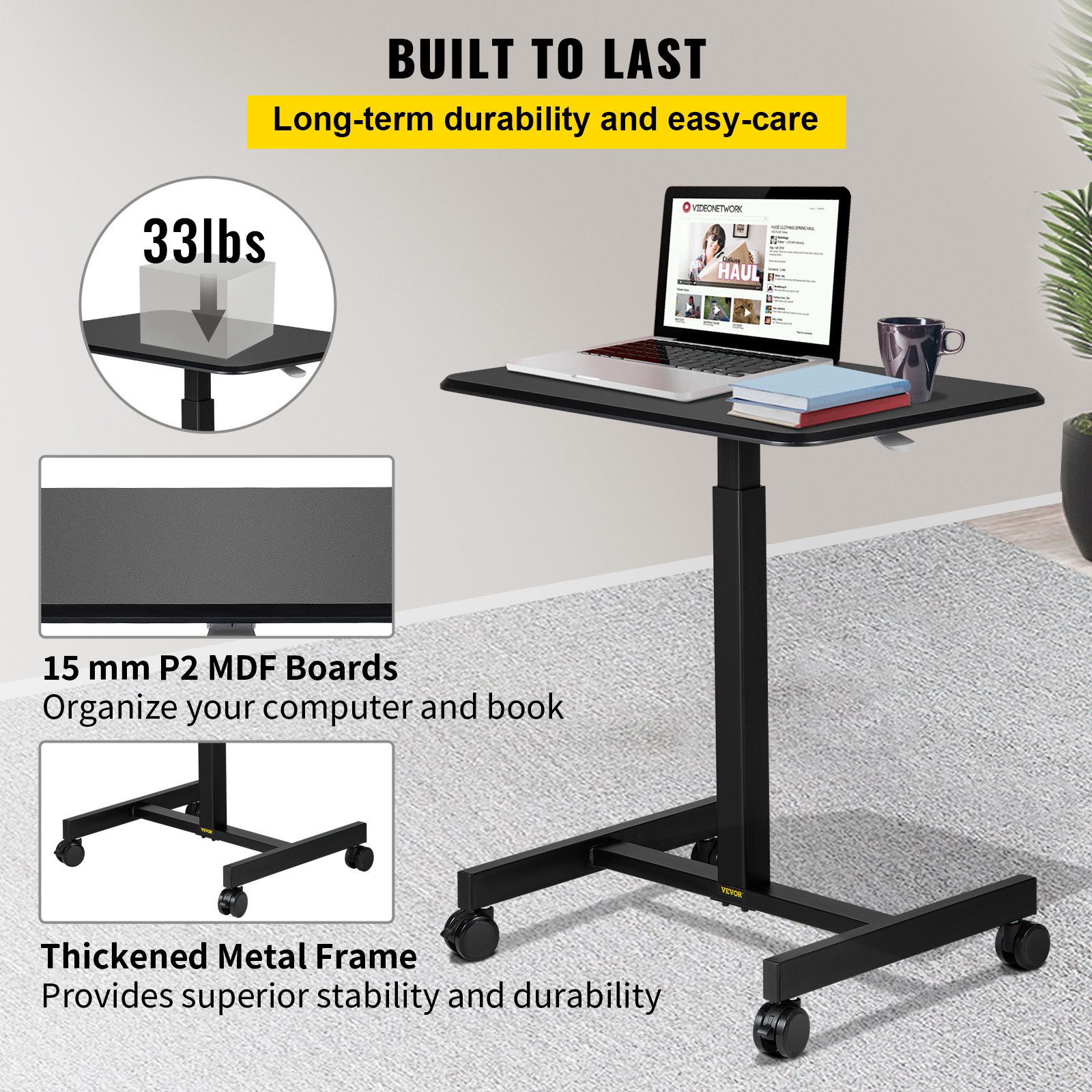 VEVOR Mobile Laptop Desk, 30" to 43.3", Height Adjustable Rolling Cart ...