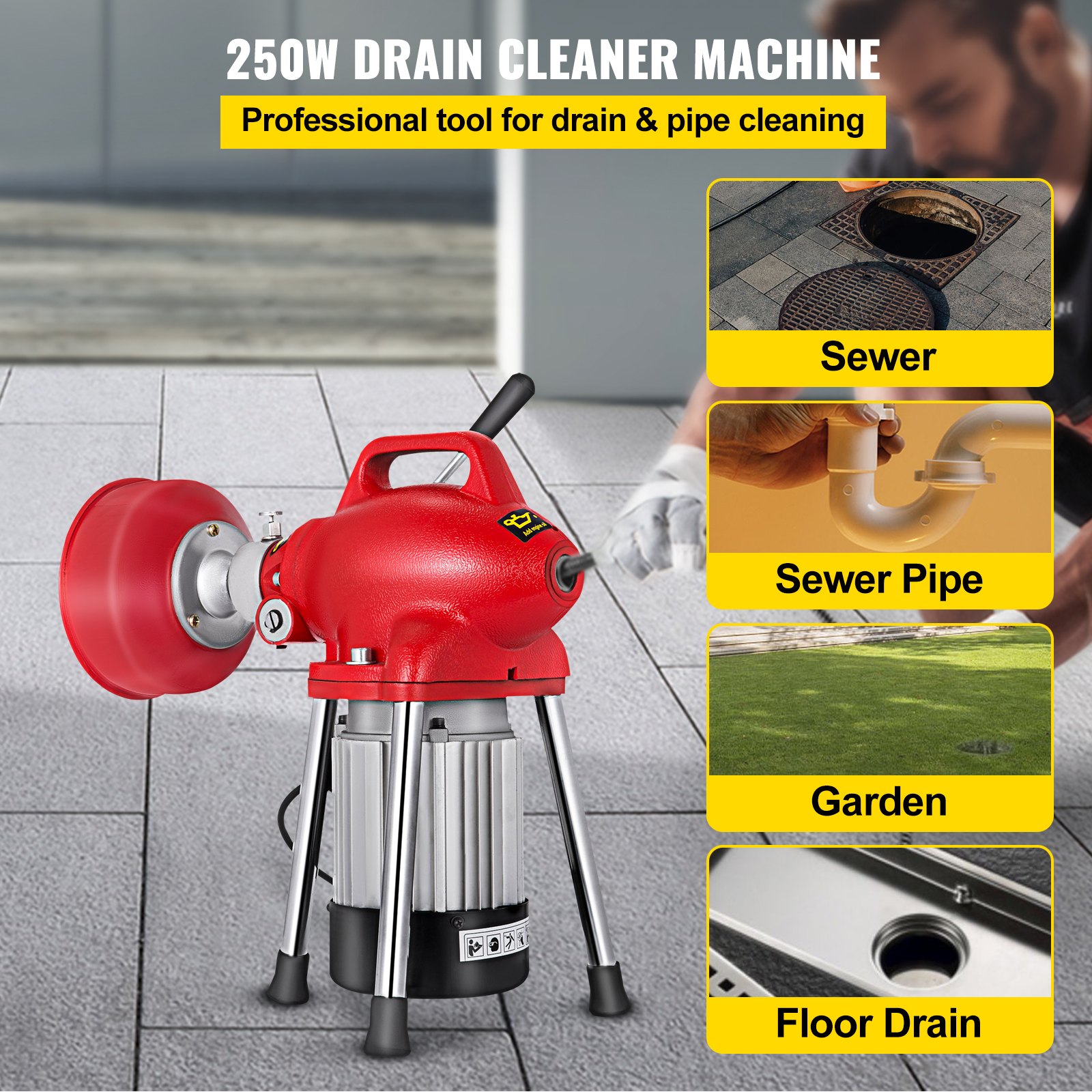 250W Electric Drain Cleaner Auger Pipe Cleaning Machine w/ Cutter ...
