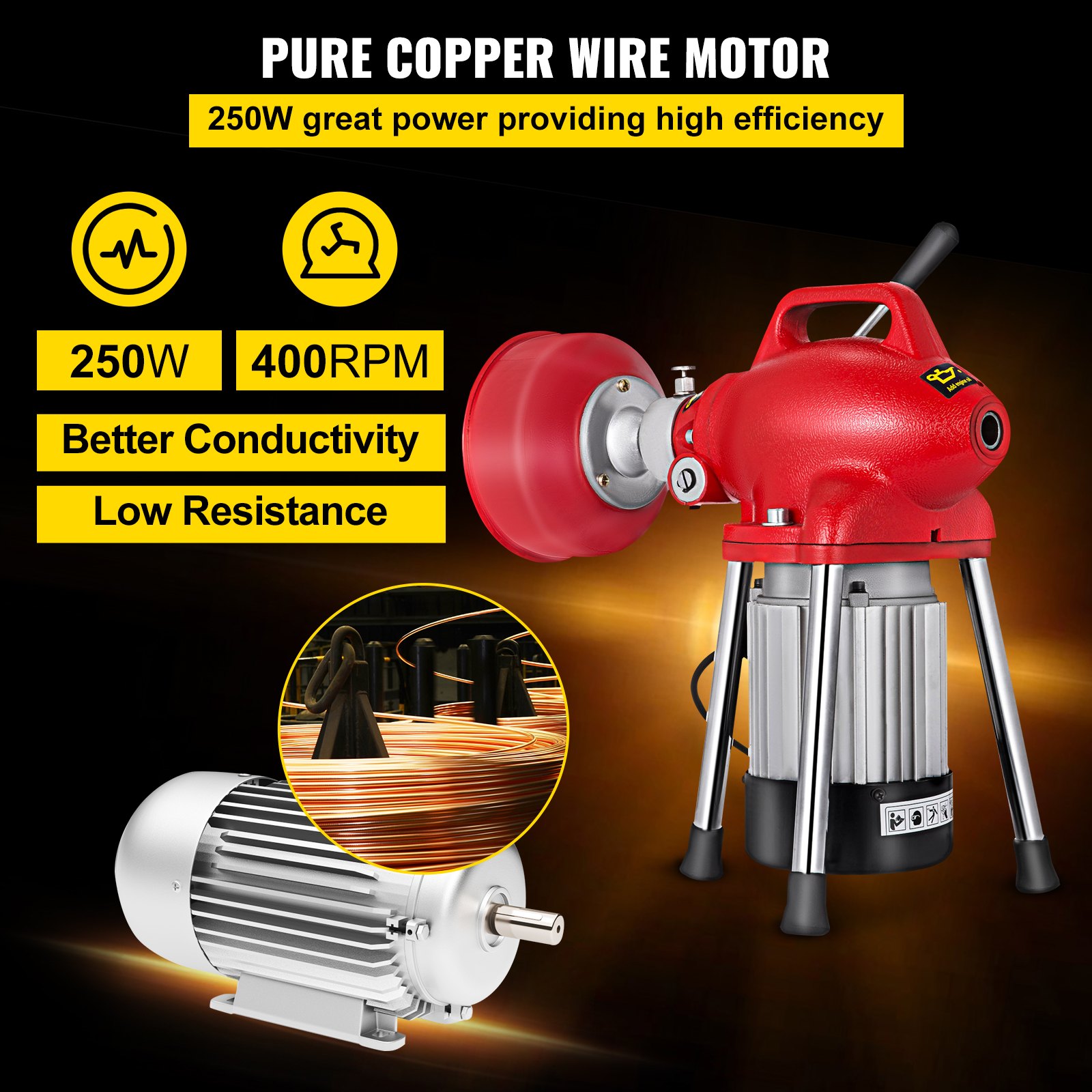 250W Electric Drain Cleaner Auger Pipe Cleaning Machine w/ Cutter ...