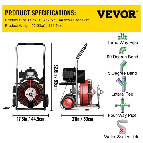Sewer Machine Drain Cleaner 100' x 1/2" 550W Sewer Cleaning Clog w ...