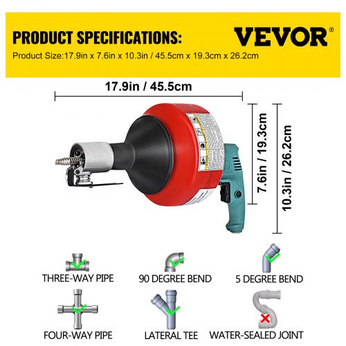 Drain Cleaner 26'x1/3" 700W Portable Electric Drain Pipe Cleaning ...