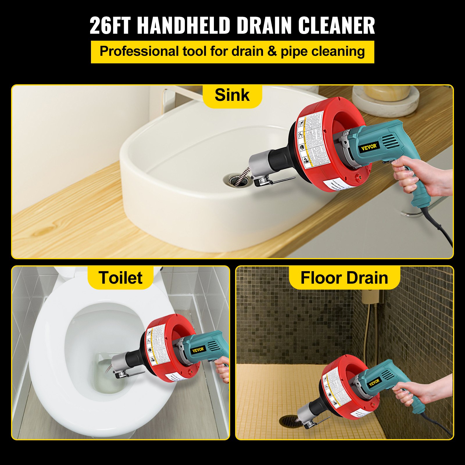 Drain Cleaner 26'x1/3" 700W Portable Electric Drain Pipe Cleaning ...