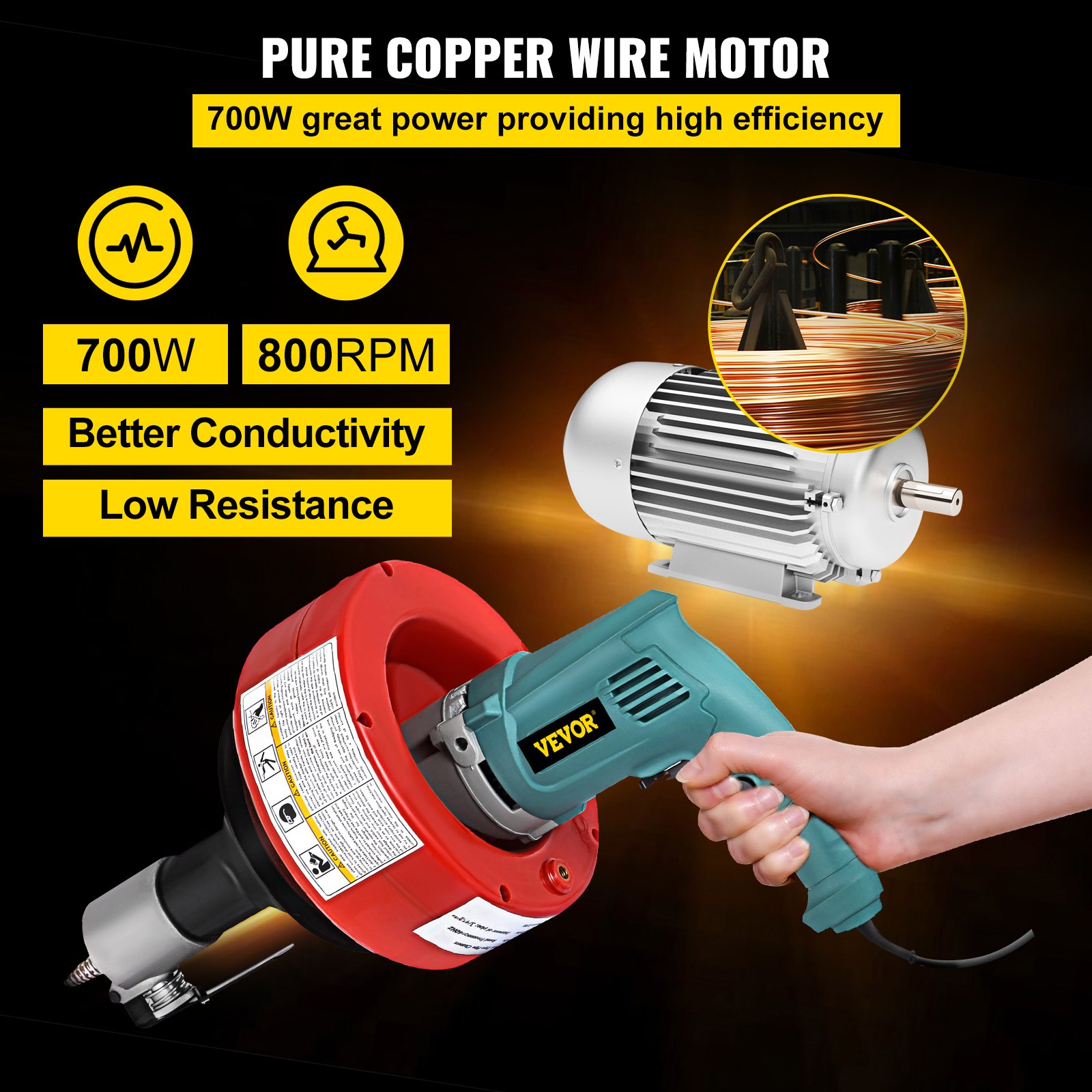 Drain Cleaner 26'x1/3" 700W Portable Electric Drain Pipe Cleaning ...