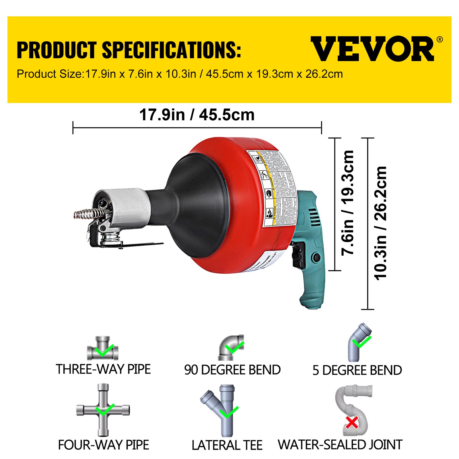 Drain Cleaner 26'x1/3" 700W Portable Electric Drain Pipe Cleaning ...