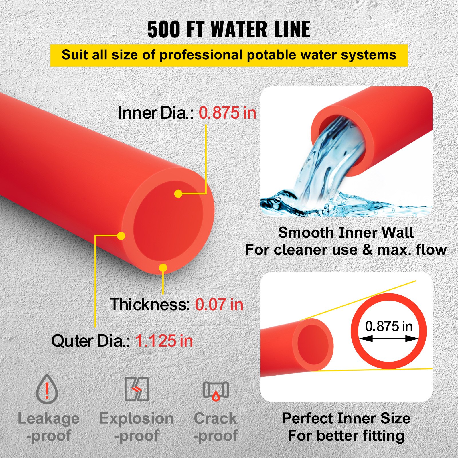 VEVOR PEX Pipe, 1 Inch x 500 FT PEX Tubing, Non Oxygen Barrier Red PEX ...