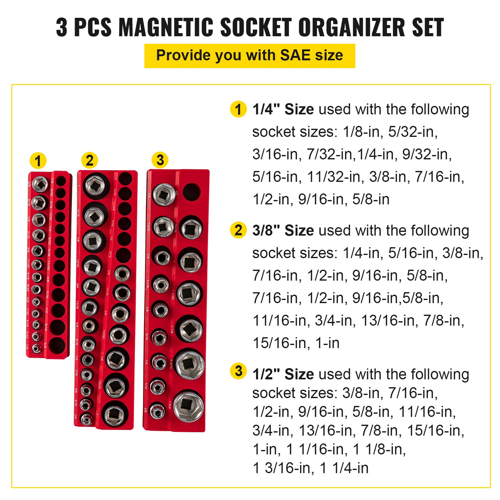 VEVOR 3-Pack SAE Magnetic Socket Organizers, 1/2-inch, 3/8-inch, 1/4 ...
