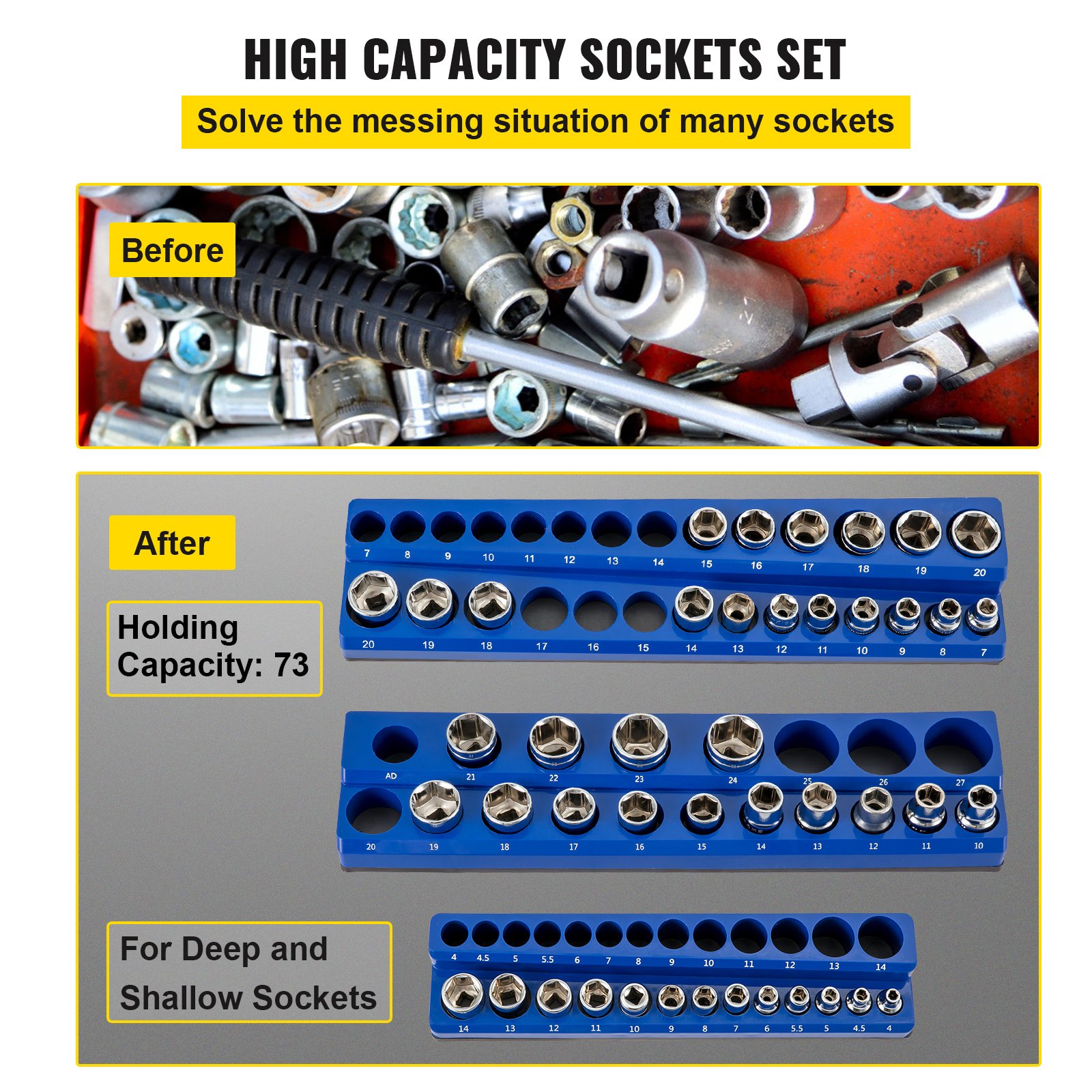 VEVOR Magnetic Socket Organizer Socket Holder 3 pcs 1/2, 3/8, 1/4-in ...