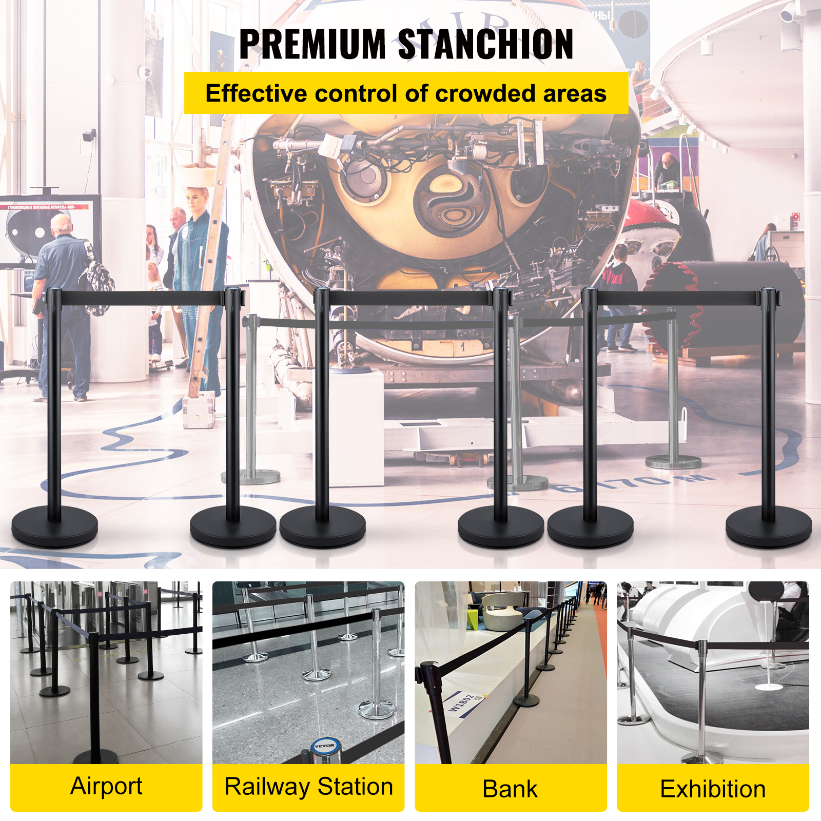 6 Pcs Black Belt Stanchion Queue Posts Stand Rope Retractable Crowd ...