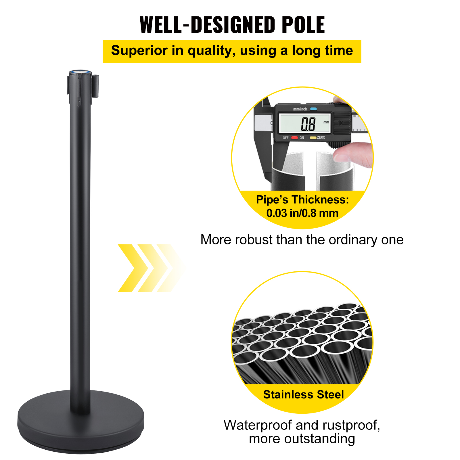 6 Pcs Black Belt Stanchion Queue Posts Stand Rope Retractable Crowd ...