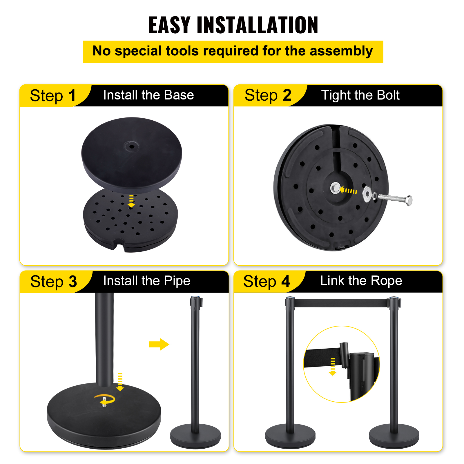 6 Pcs Black Belt Stanchion Queue Posts Stand Rope Retractable Crowd ...
