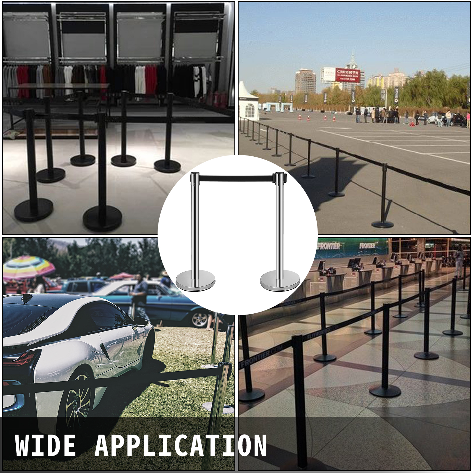 6pcs Queue Posts W/ Black Retractable Belt Stainless Steel Restaurants ...