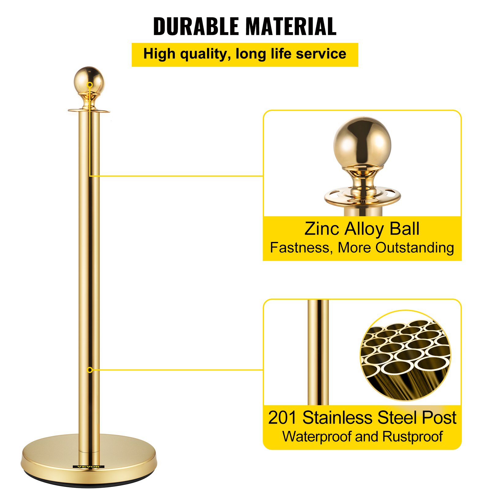 VEVOR 38 Inch Stanchion Posts Queue, Red Velvet Rope (3, Gold) | VEVOR US