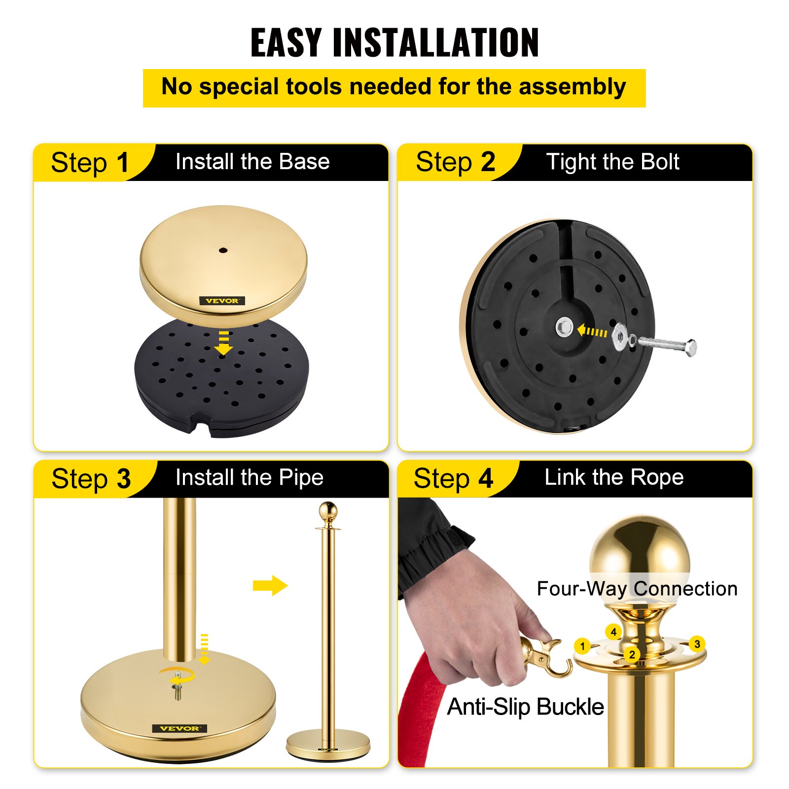VEVOR 4PCS Gold Stanchion Posts Queue, 38 Inch Red Velvet Rope, Crowd ...