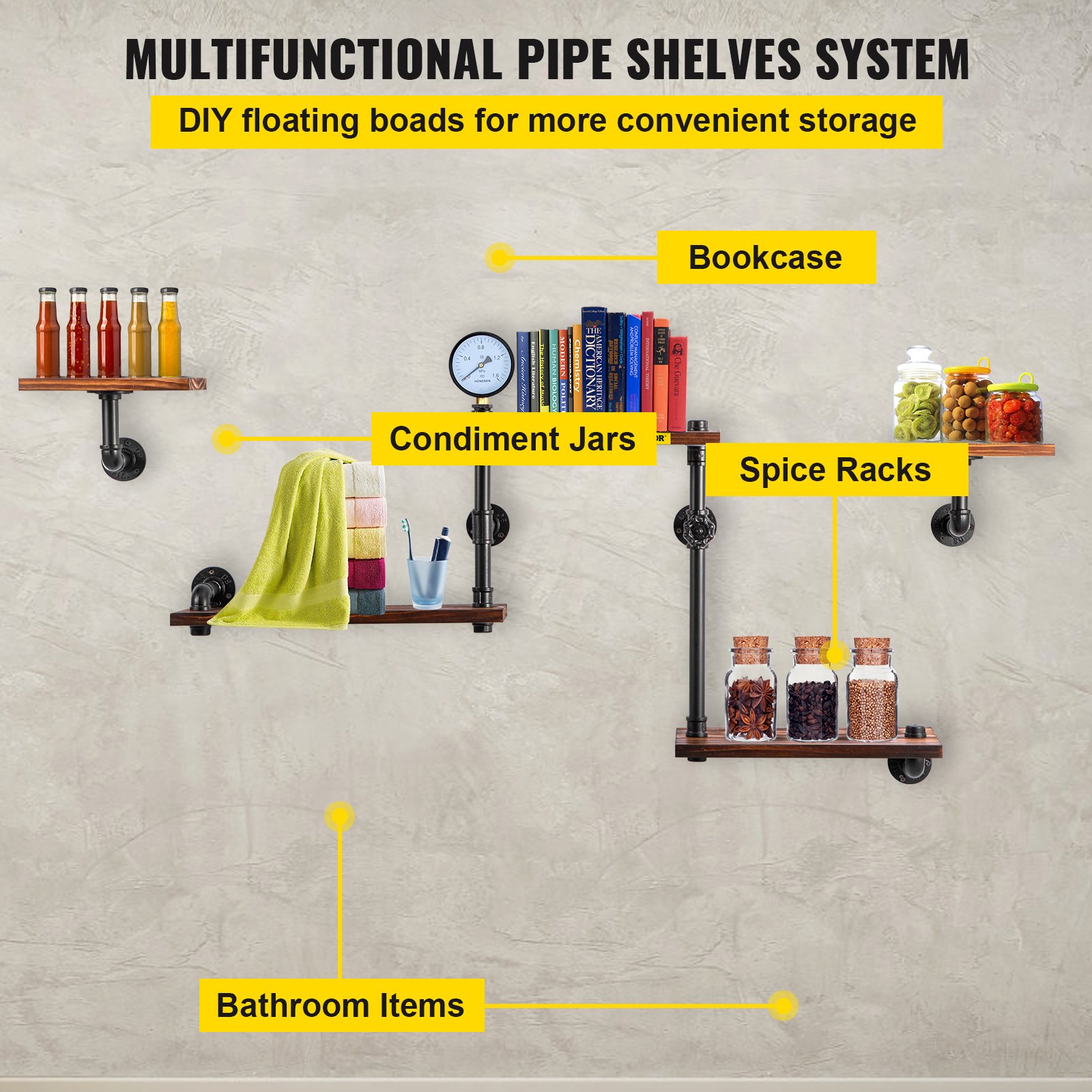 VEVOR Industrial Pipe Shelving, Pipe Shelves with 5-Tier Wood Planks ...