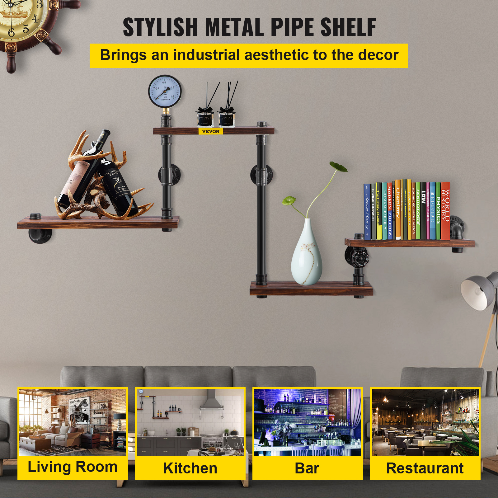VEVOR Pipe Shelves Industrial Iron Pipe Wall Mounted w/ 4-Tier Wood ...