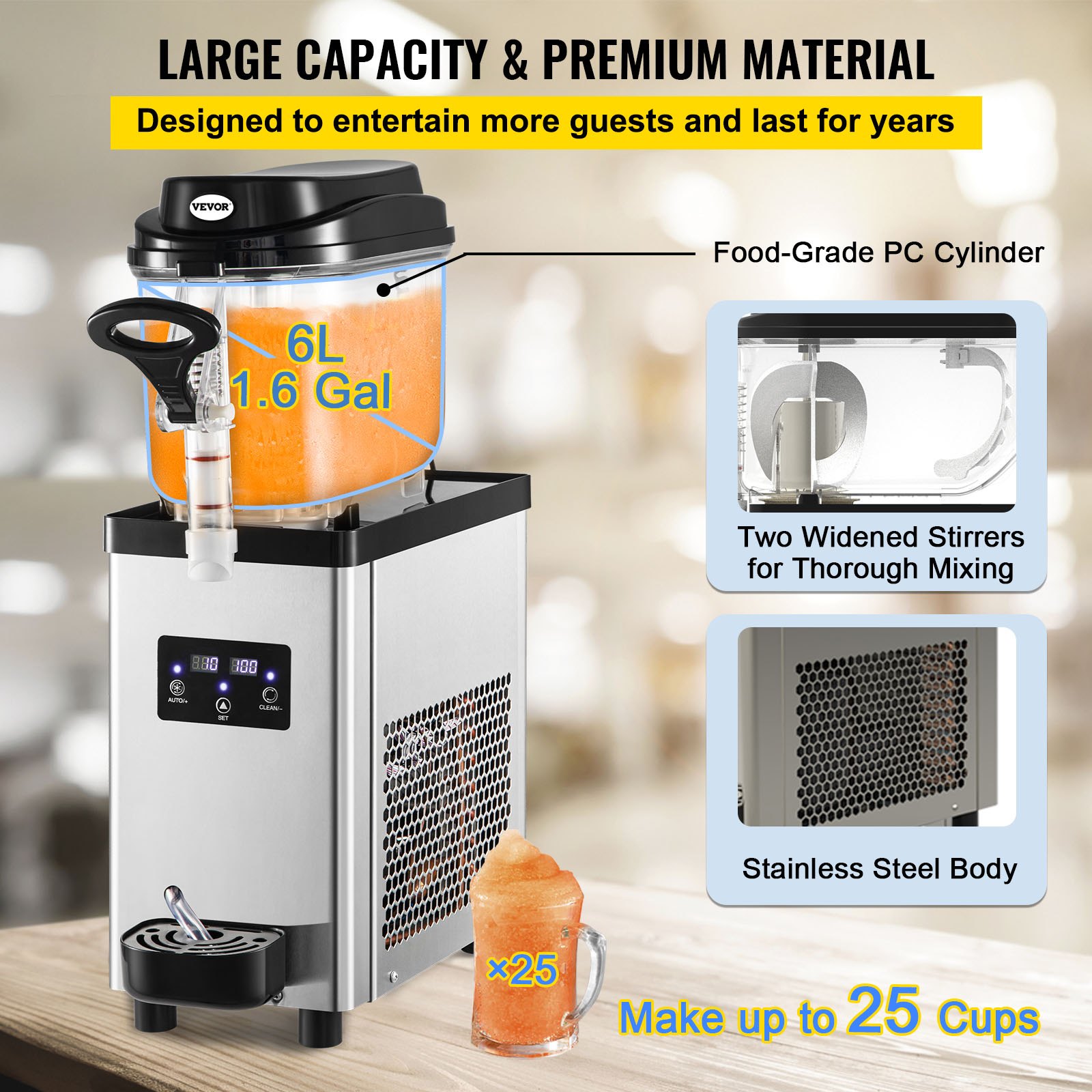VEVOR Commercial Slushy Machine, 6L/1.6 Gallons 25 Cups Single-Bowl ...