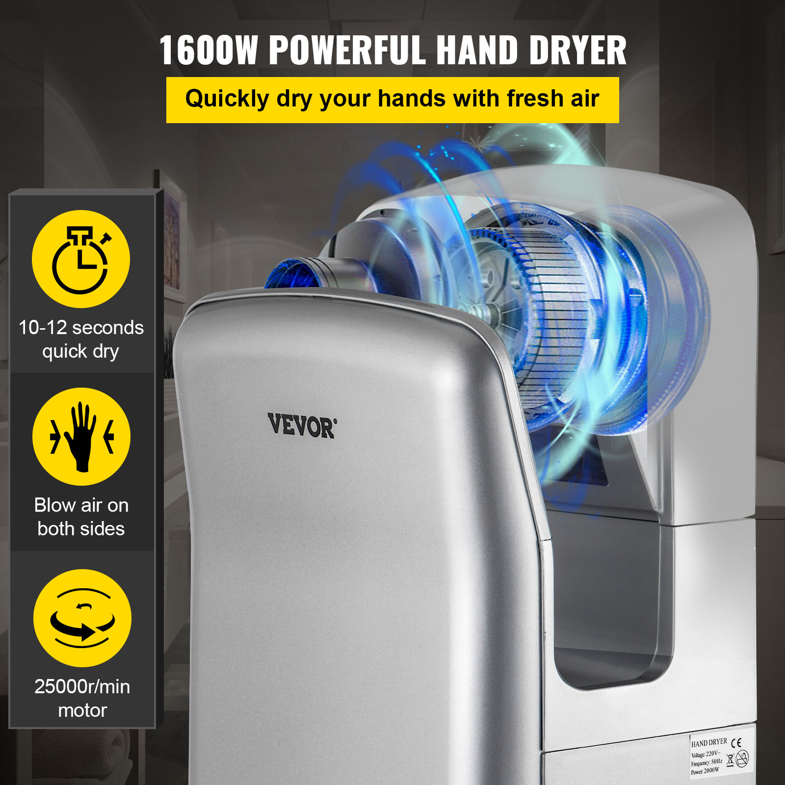 VEVOR Jet Hand Dryer, Premium Electric Commercial Blade Hand Dryer, ABS ...