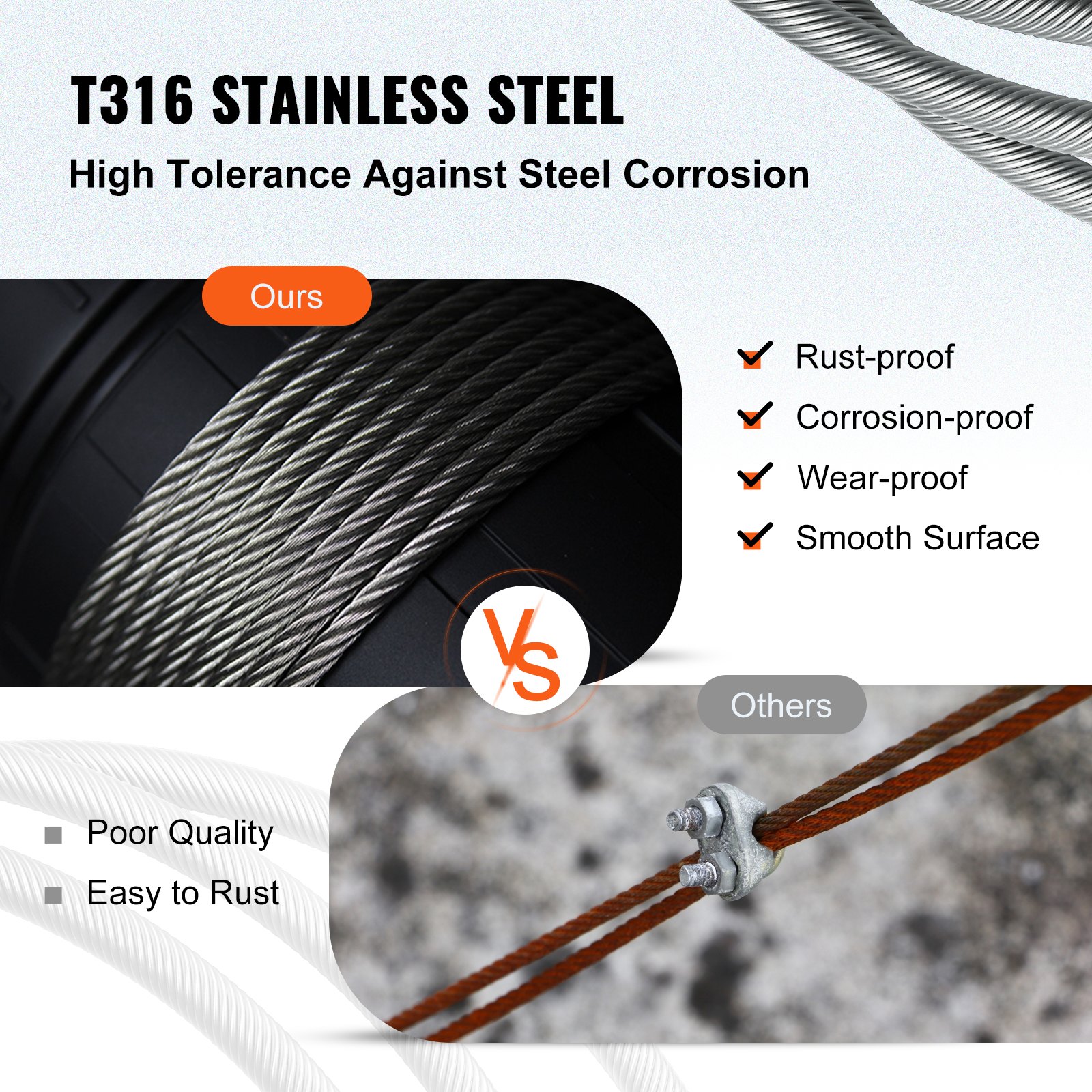316 Stainless Steel Wire Rope Cable, 3/16", 1x19, 1000 ft reel | VEVOR US