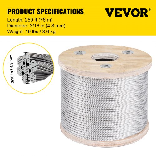 3/16 Stainless Steel Cable Wire Rope 7x19 Type 304 (250 Feet) | VEVOR US