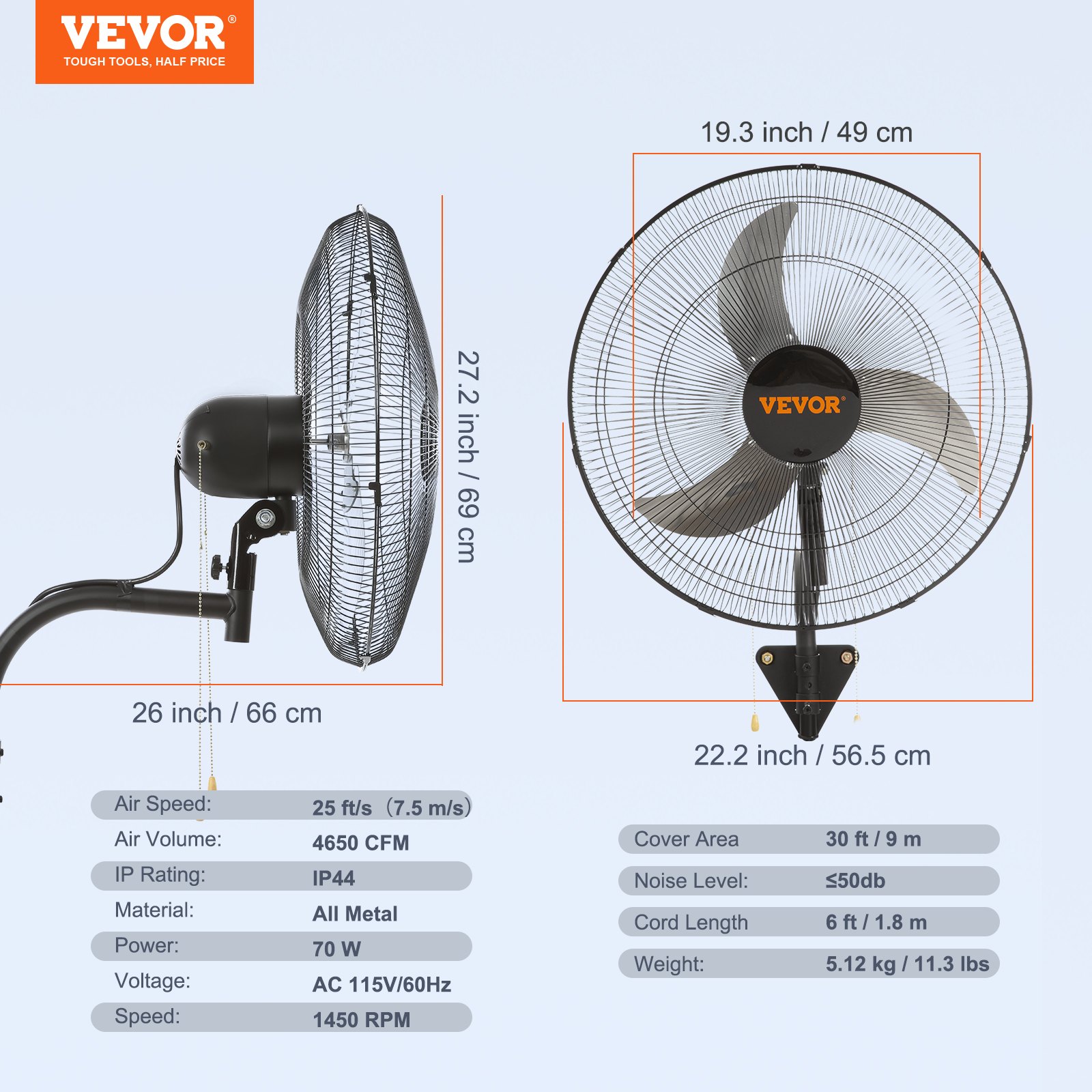 VEVOR Wall Mount Fan, 20 Inch, 3-speed High Velocity Max. 4650 CFM ...
