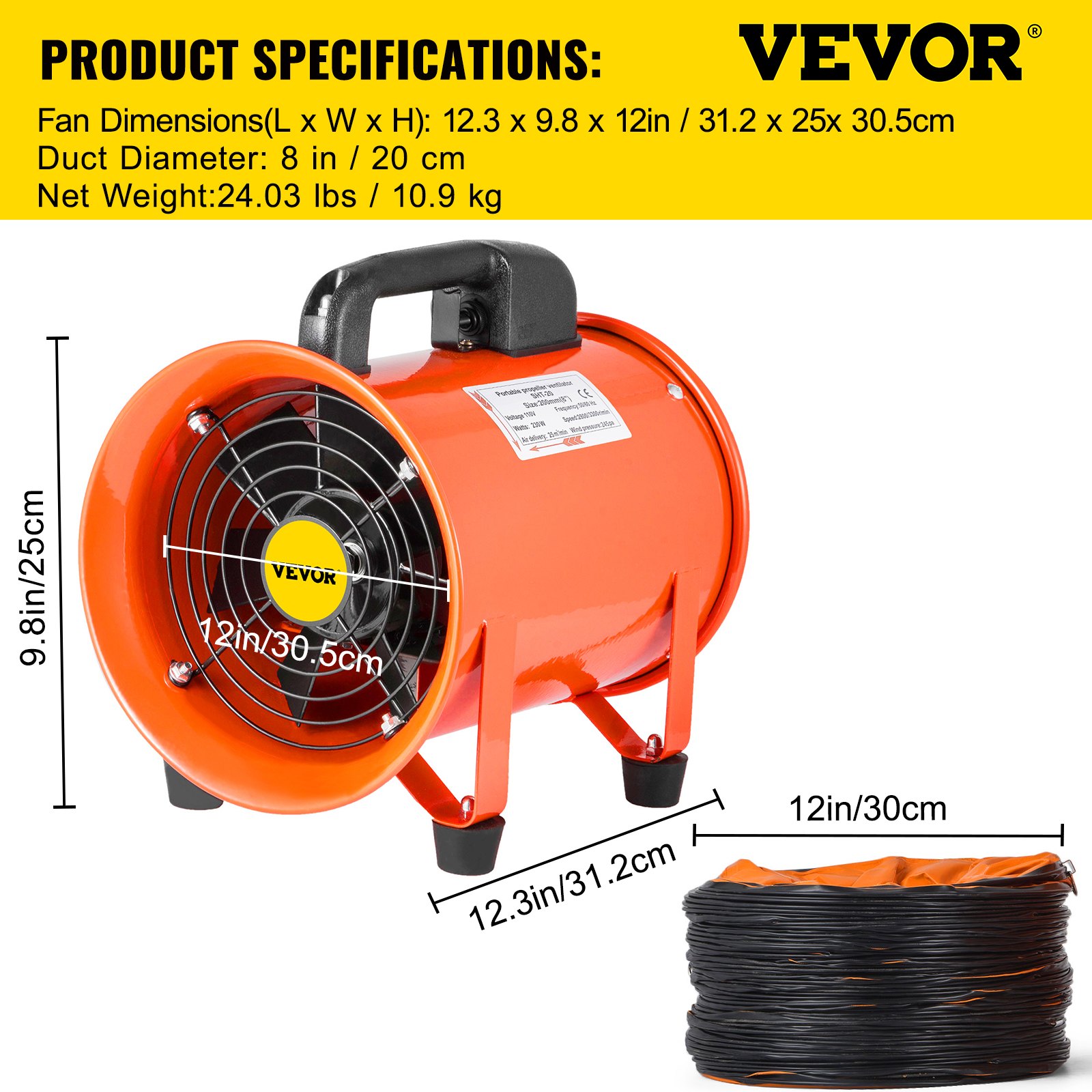 Heavy Duty Cylinder Fan with 10m Vinyl Hose High Velocity Portable ...