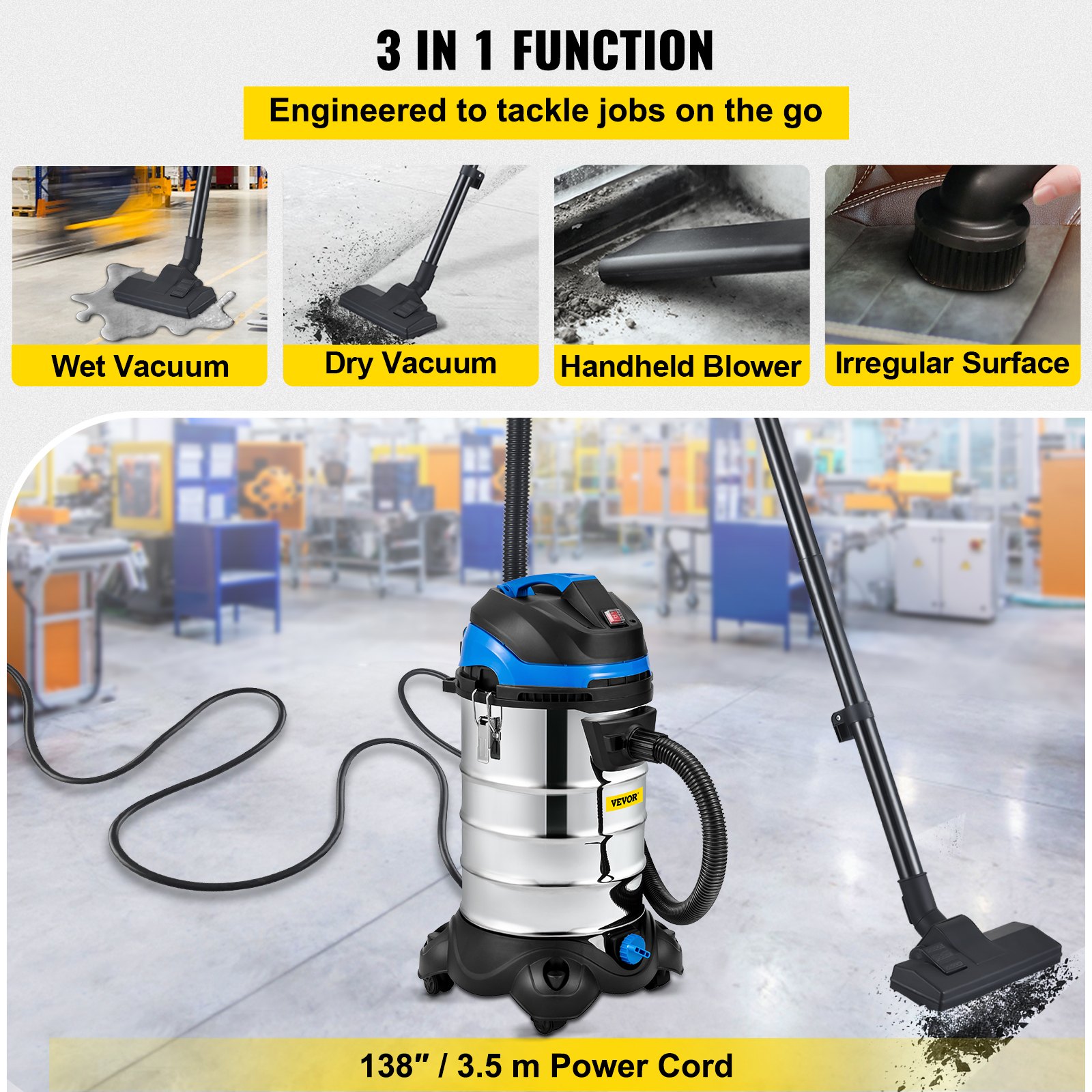 VEVOR Dust Extractor, 8 Gallon Wet & Dry HEPA Filter, Automatic Dust ...