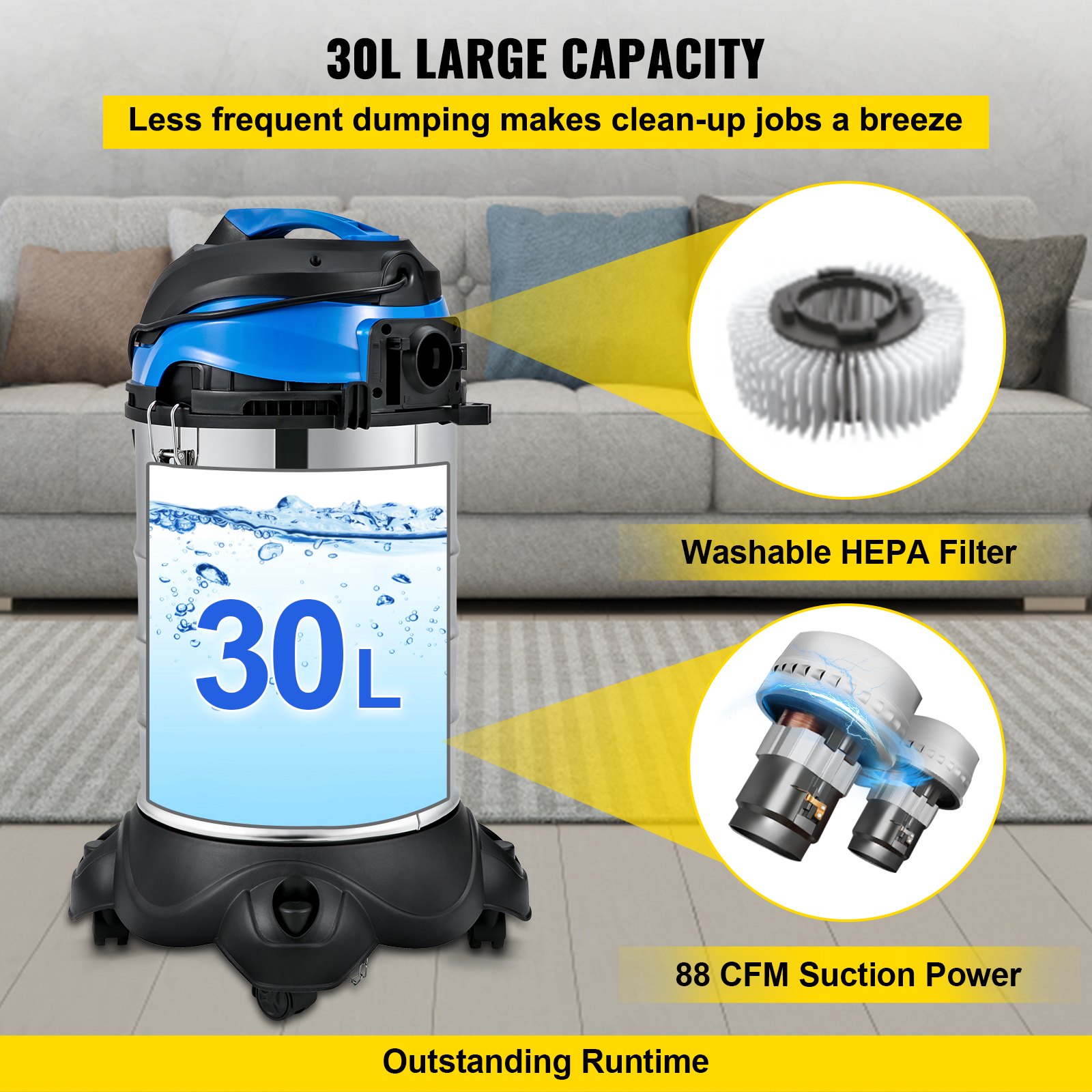 VEVOR VEVOR Dust Extractor Collector, 30L / 8 Gallon Capacity, HEPA ...