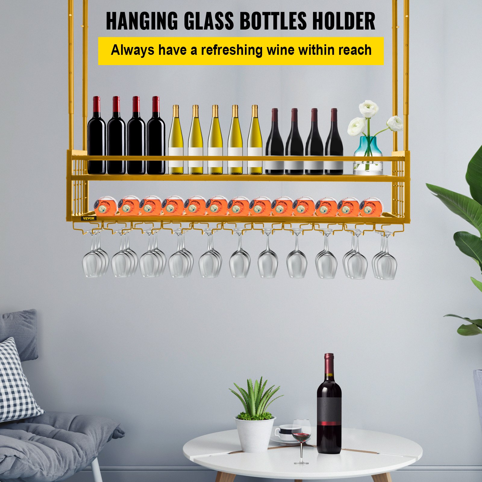 VEVOR Ceiling Wine Glass Rack 46.9x11.8" Hanging Wine Rack Height ...