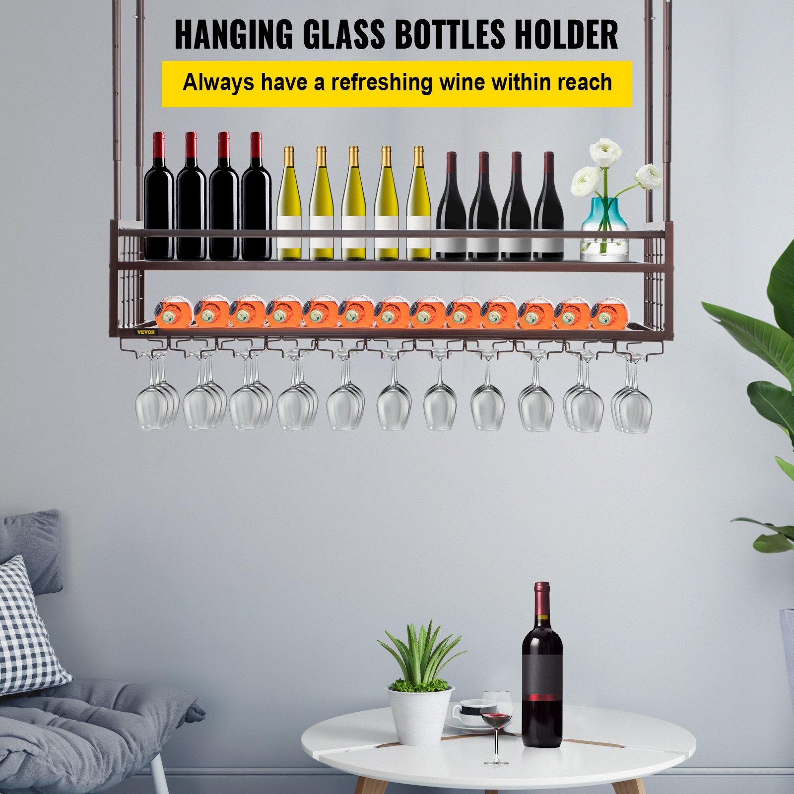 VEVOR Industrial Vintage Metal Bar Wine Glass Hanging Rack 46.9x11.8in ...