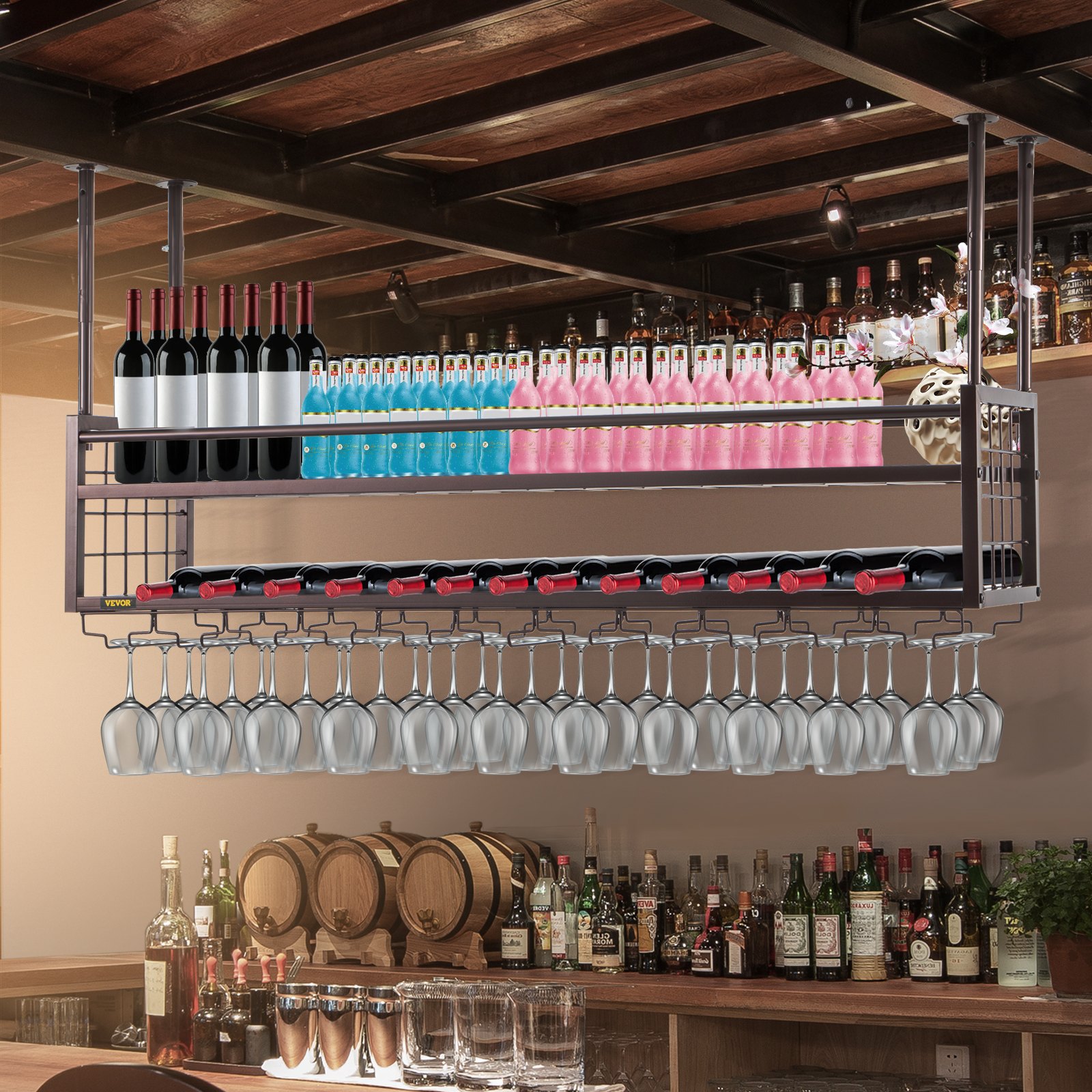 VEVOR Ceiling Wine Glass Rack, 46.9 x 11.8 inch Hanging Wine Glass Rack ...