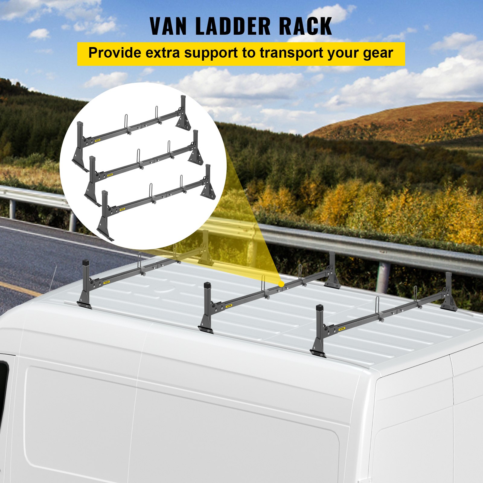 VEVOR Roof Ladder Rack Van Ladder Rack with Ladder Stoppers 3 Bars 661 ...