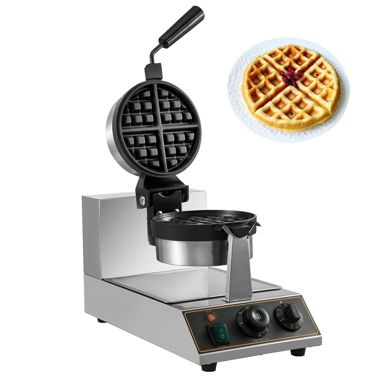 VEVOR 110V Commercial Round Waffle Maker Nonstick Rotated 1100W ...