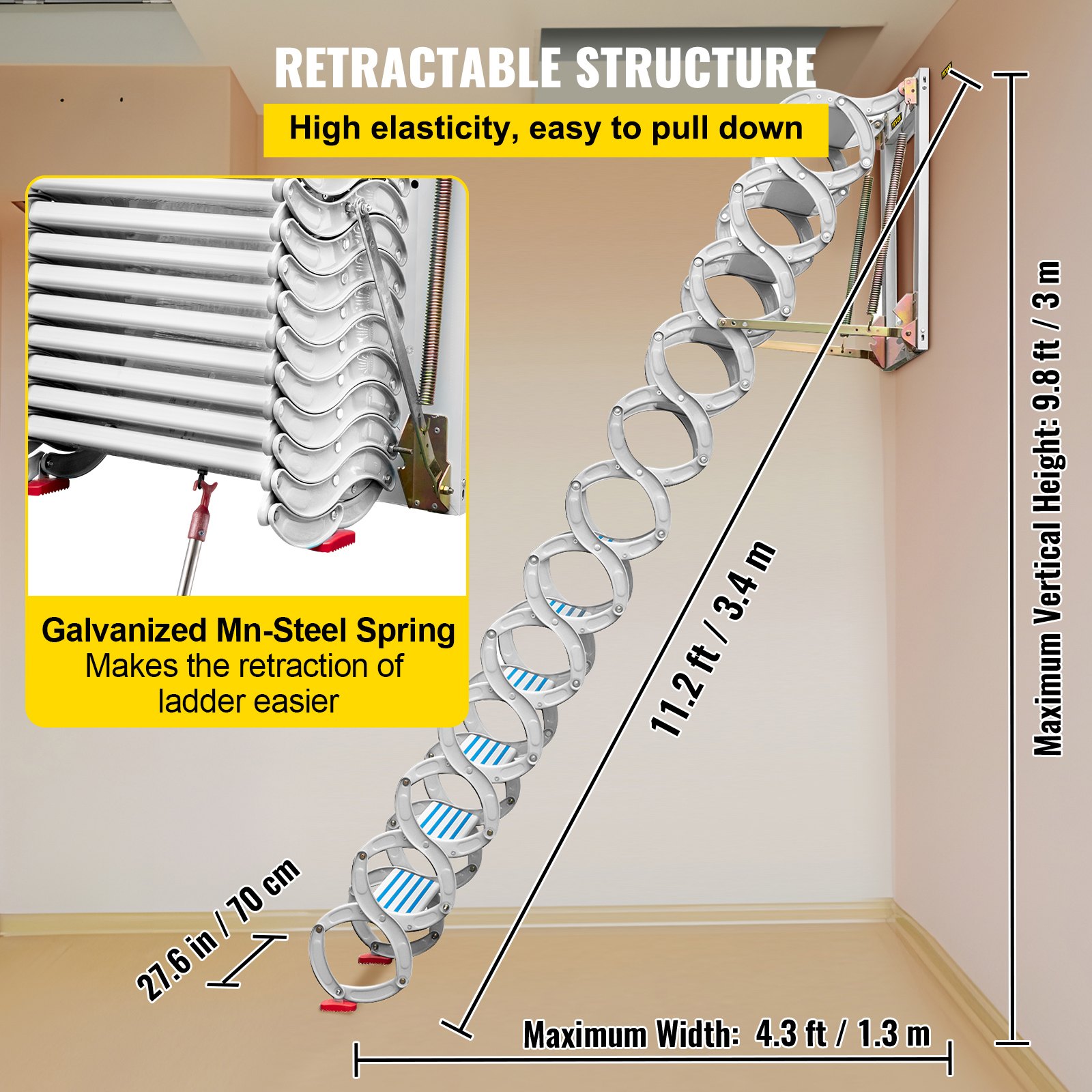 VEVOR Attic Steps Pull Down 12 Steps Attic Stairs Alloy Attic Access ...