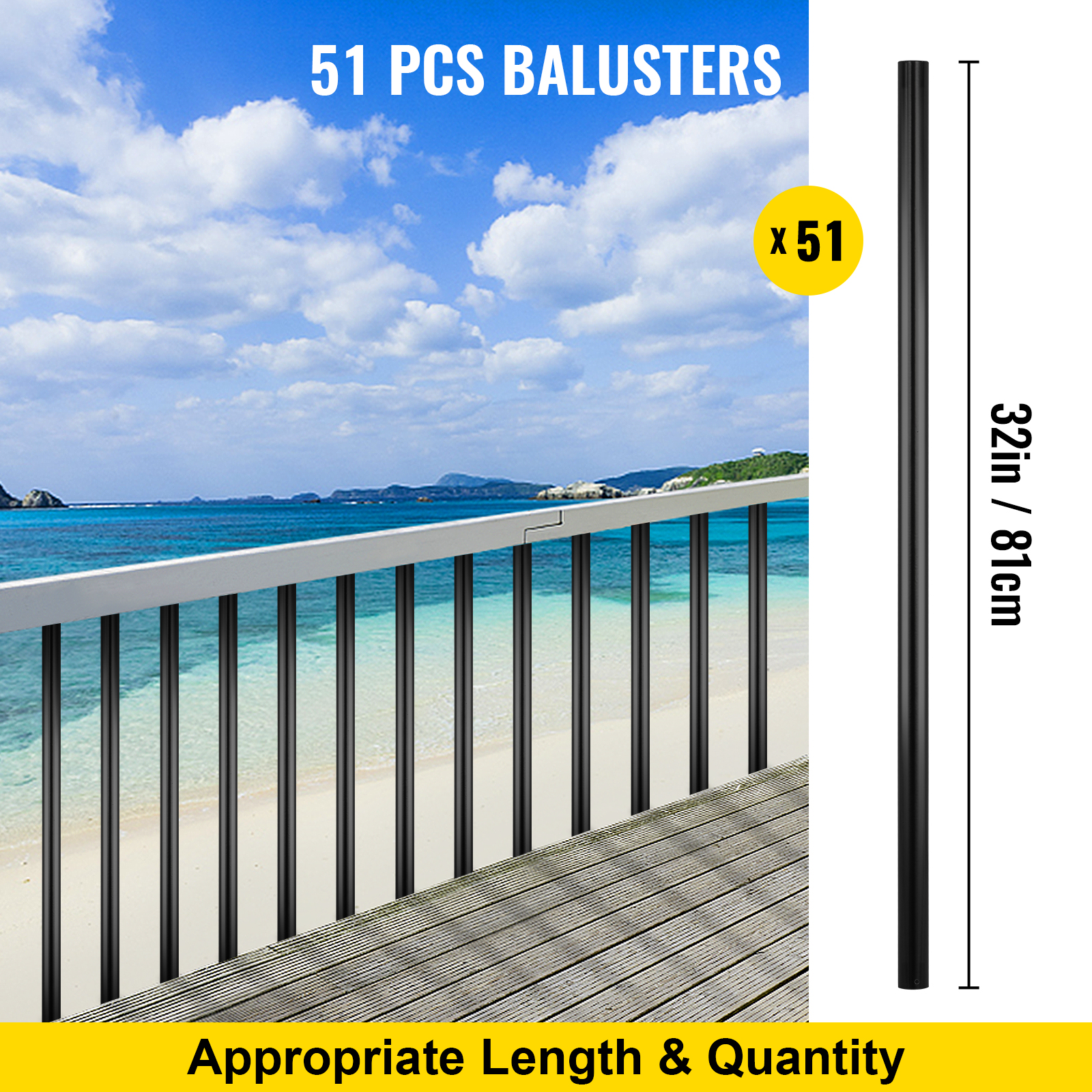 VEVOR Deck Balusters, 51 Pack Metal Deck Spindles, 32"x0.75" Staircase ...