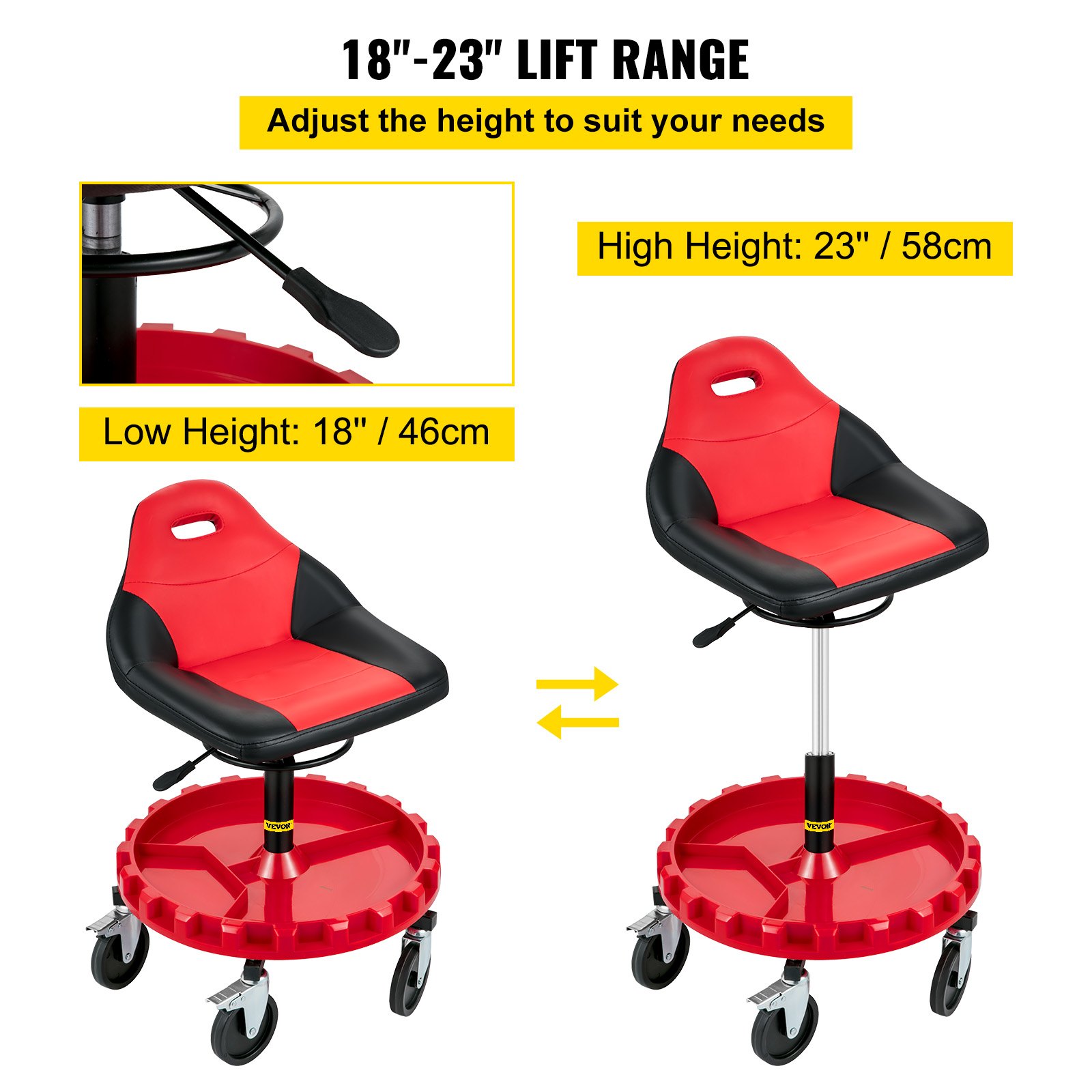 VEVOR Rolling Garage Stool, 300LBS Capacity, 21"-26" Adjustable Height ...