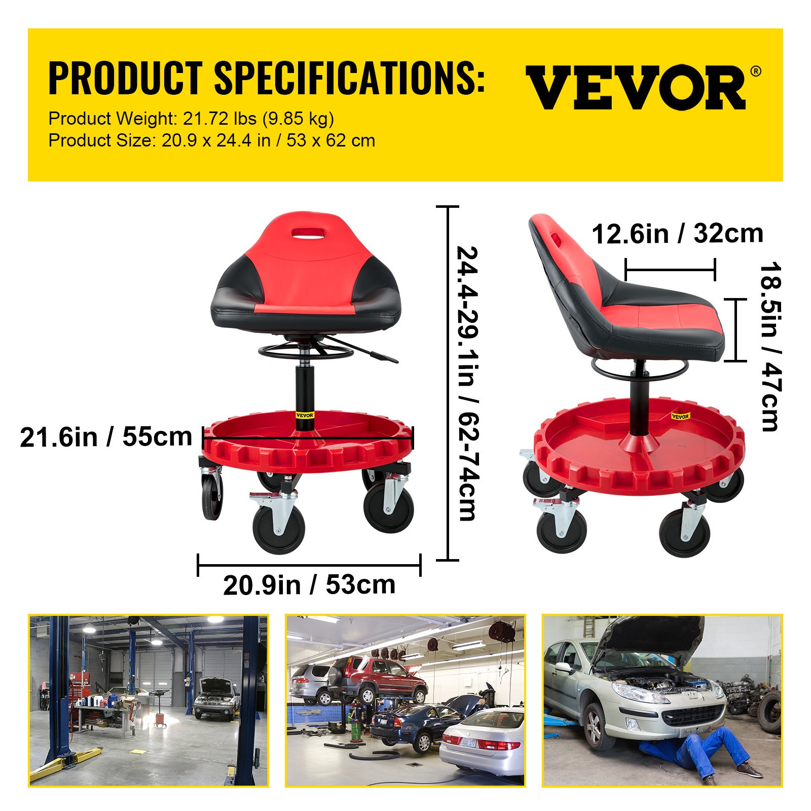 VEVOR Rolling Garage Stool, 300LBS Capacity, 21"-26" Adjustable Height ...